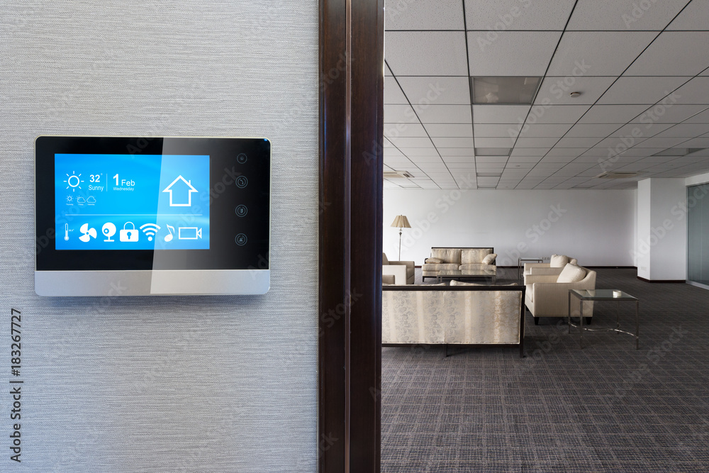 smart screen with smart home with modern living room Stock Photo ...