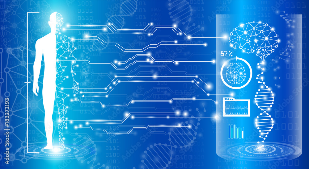 abstract background technology concept in blue light,brain and human ...