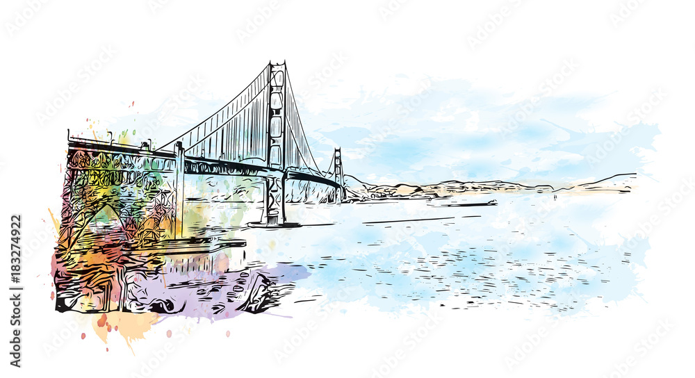 Watercolor splash with sketch of The Golden Gate Bridge is a suspension ...