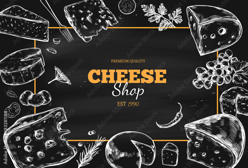 Cheese collection. Vector hand drawn background with different types of ...
