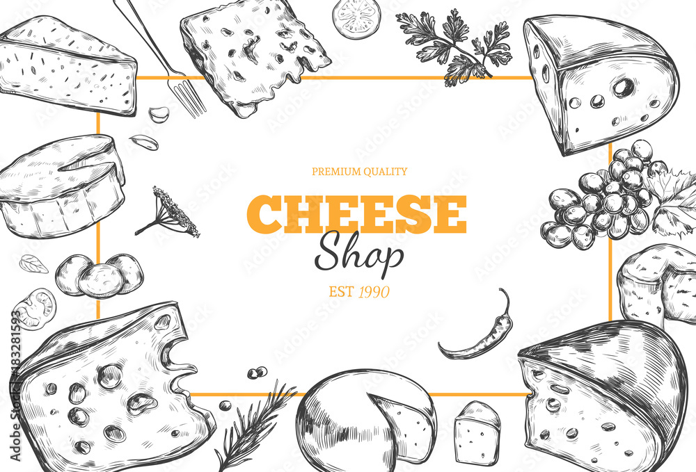 Cheese collection. Vector hand drawn background with different types of ...