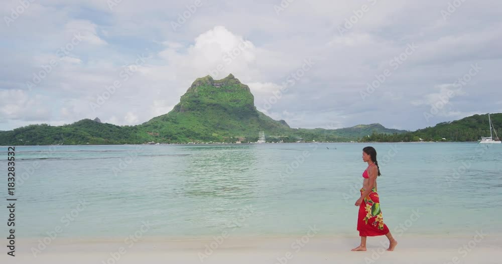 French Polynesia Vacation Travel woman walkijg on paradise motu beach ...