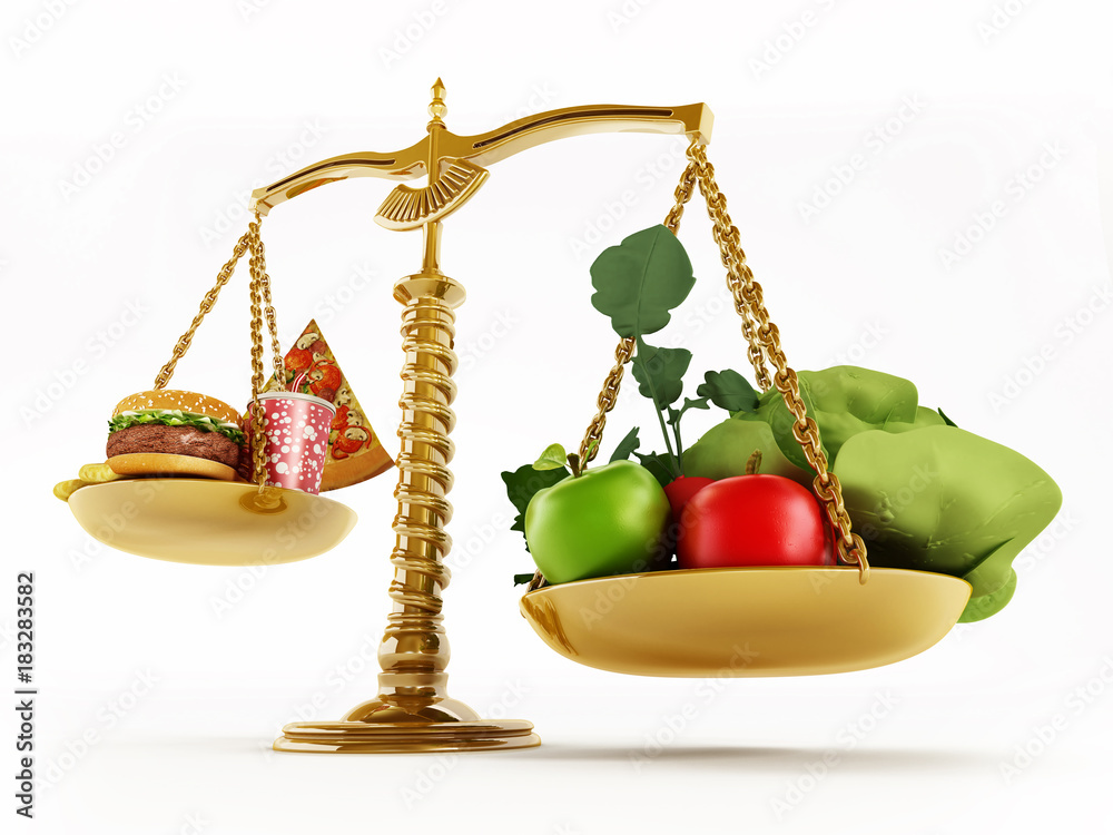 Healthy food and junk food in scales of a balanced scale. 3D ...