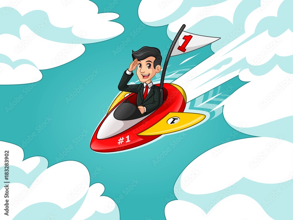 Businessman in black suit cartoon character design riding a rocket with ...