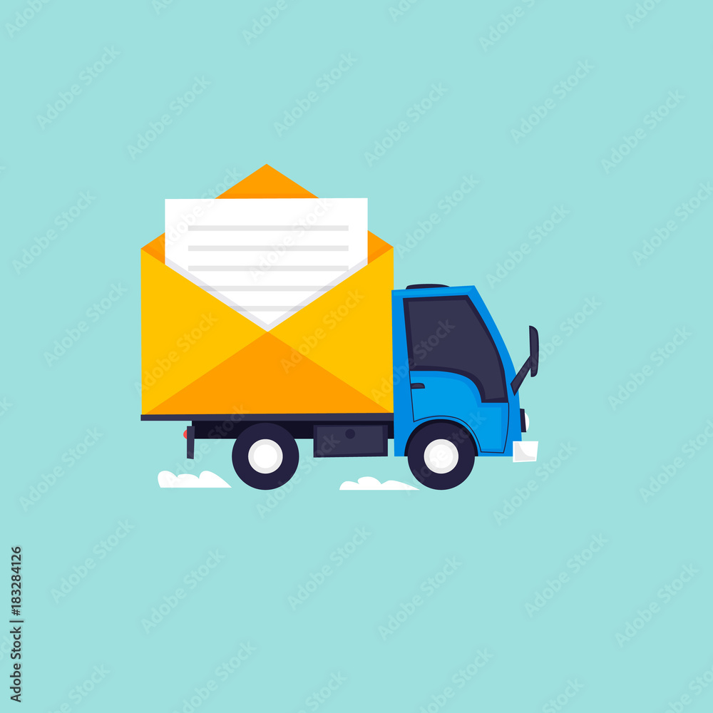 Mail, truck is carrying a letter. Flat design vector illustration ...