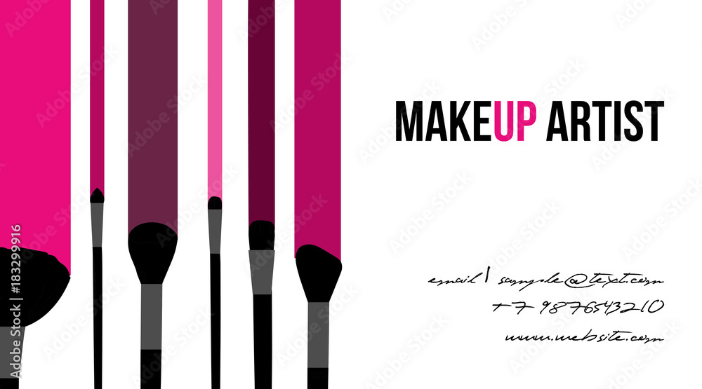 Makeup artist template business card. Pink striped background with ...