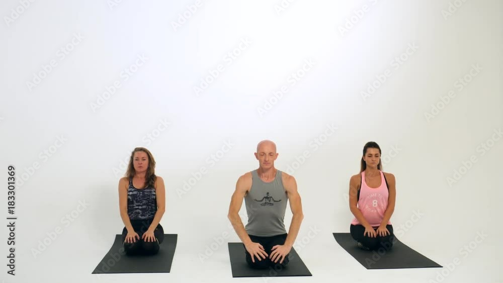 Group of people demonstrates yoga exercises on yoga mats against a ...
