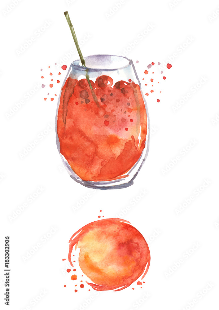 Watercolor drawing of a drink, juice, cocktail with a berry. Cherry ...