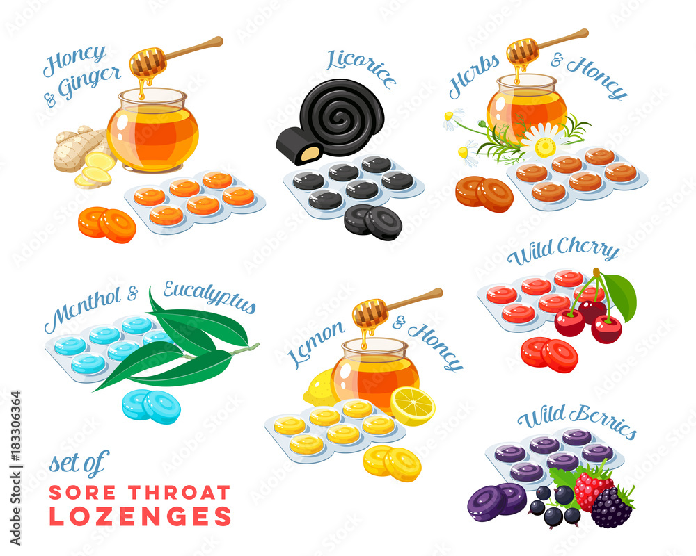 Cough drops. Sore throat remedy, colorful set of package of lozenges ...