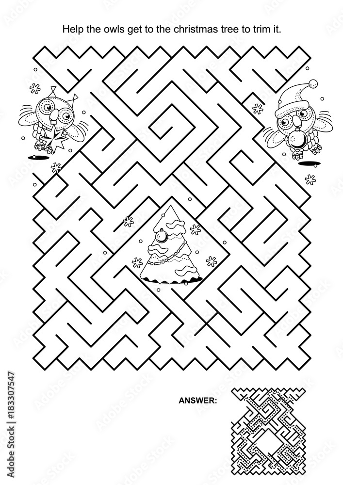 Maze game and coloring page: Help the owls get to the christmas tree to ...
