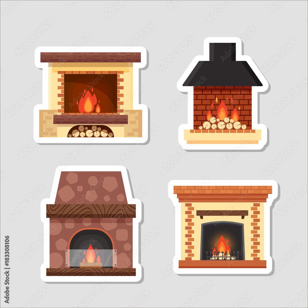 Stickers vector set different colorful home fireplaces with fire and ...