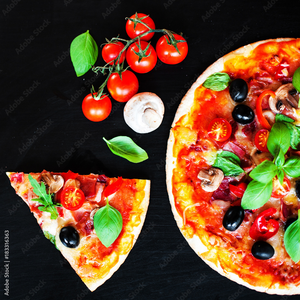 Pizza slice with Pepperoni, Mozzarella cheese and tomatoes, served om a ...