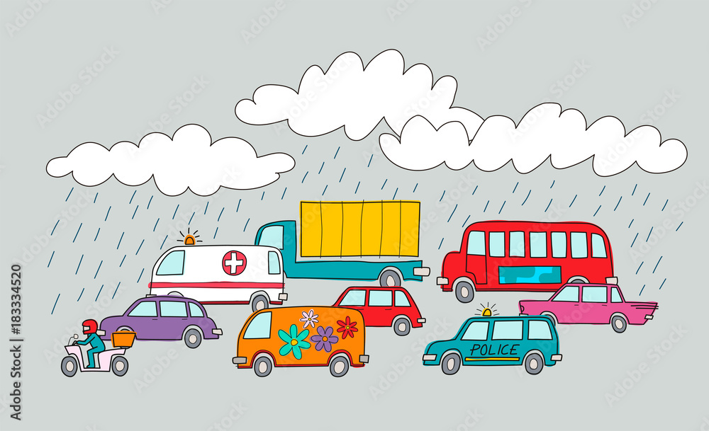 Vector illustration of a traffic jam in a rainy day. Cartoon style ...