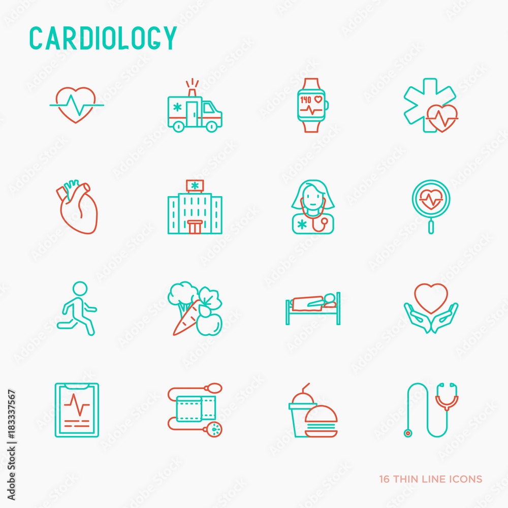 Cardiology thin line icons set: cardiologist, stethoscope, hospital ...