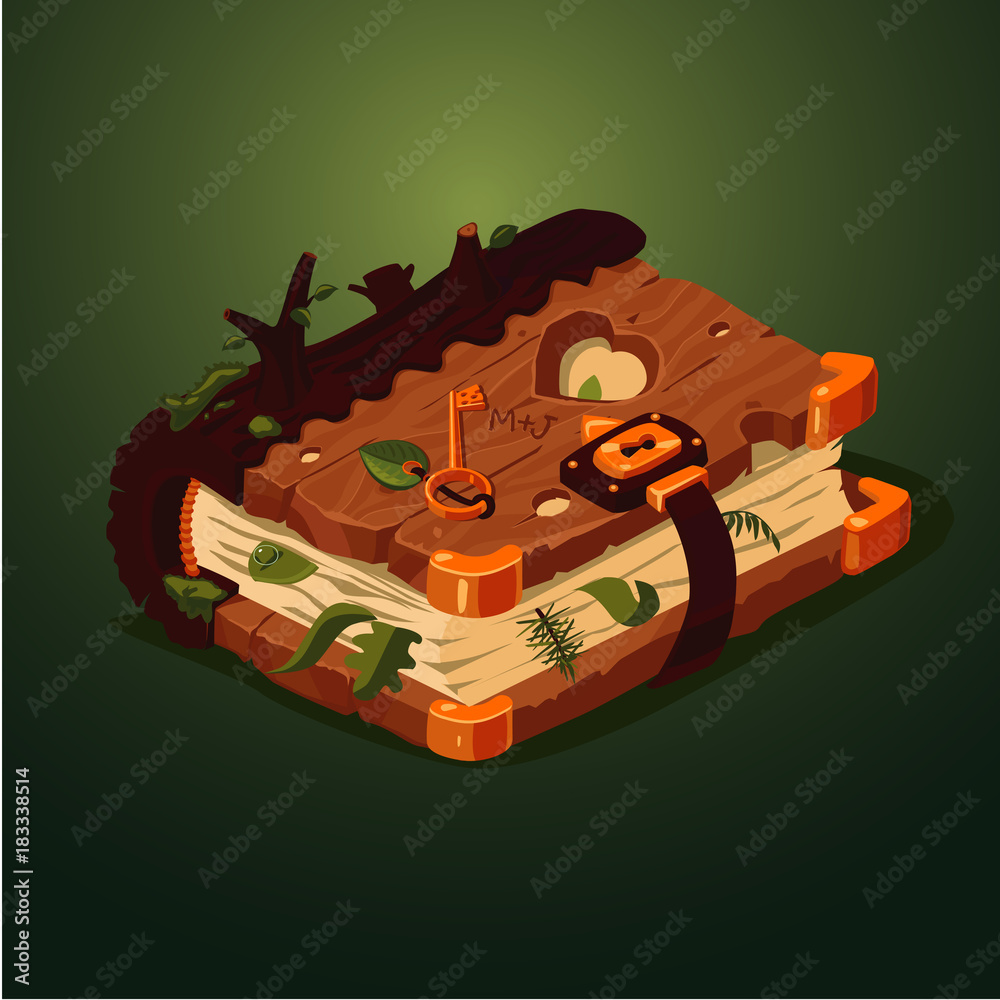 Magic forest book. Cartoon style. Game design concept. Old diary with ...