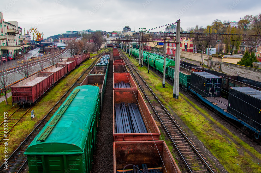 Cargo train platform with freight at station in port use for export ...