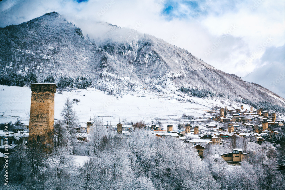 Panoramic view on Medieval towers in Mestia in the Caucasus Mountains ...