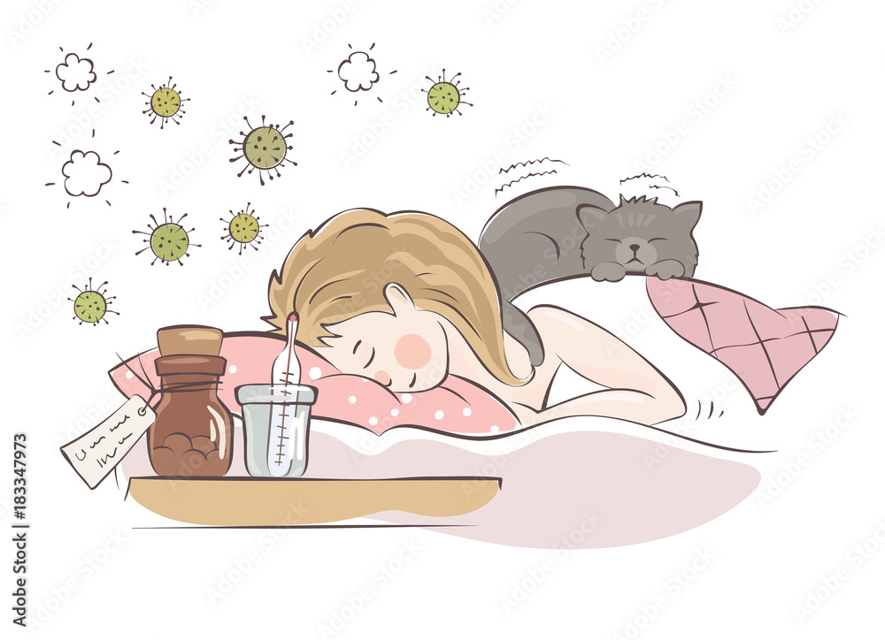 The cat heals / The girl is sick with influenza, vector illustration ...