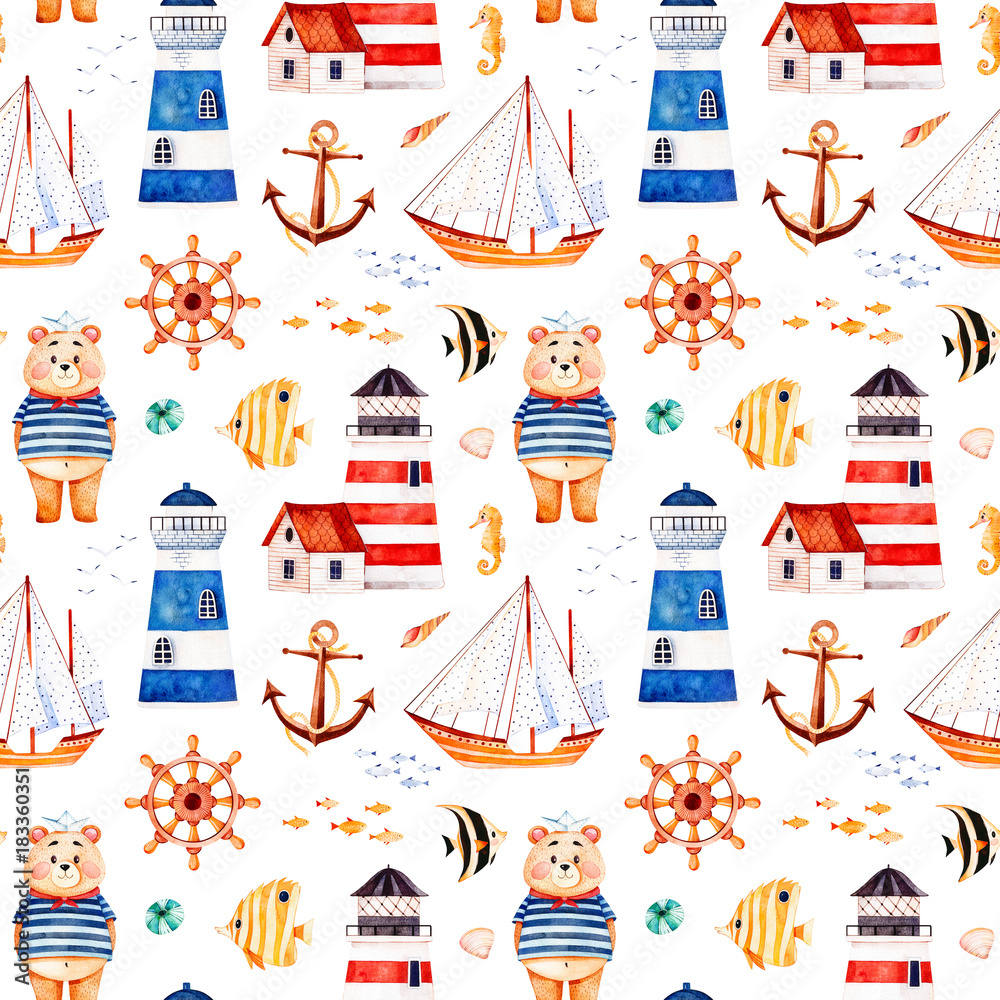 Nautical watercolor seamless pattern.Multicolored background with cute ...