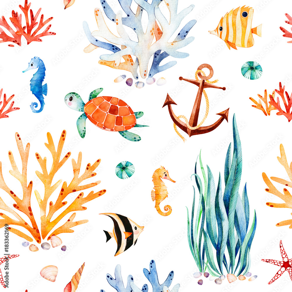 Underwater multicolored seamless pattern.Seaworld watercolor background ...