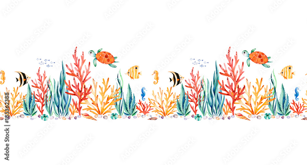Oceanic creature seamless repeat border with cute turtle,seaweed,coral ...