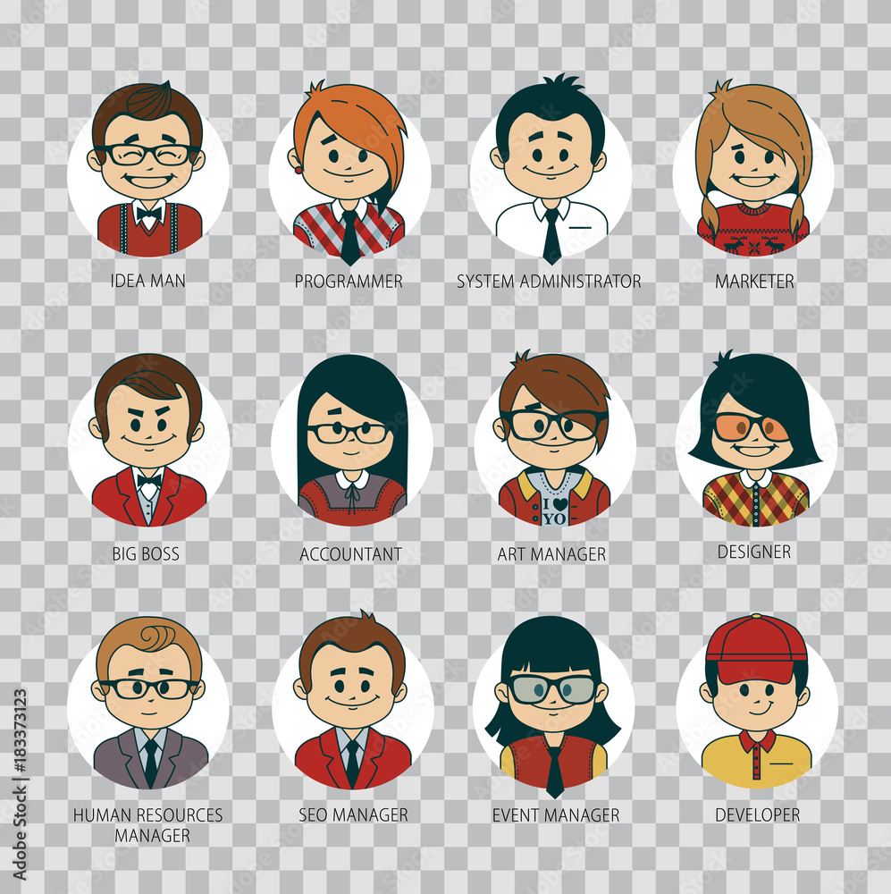 Set of round people icons your office team. Collection of professions ...