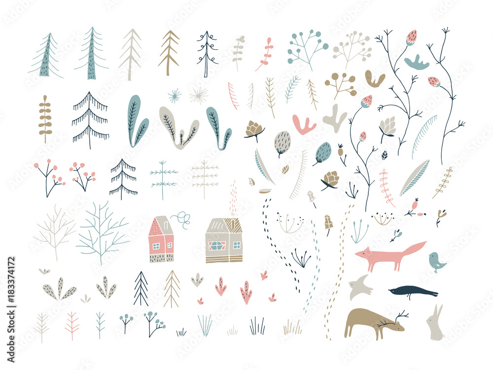 Forest doodle elements. Hand drawn cute illustrations. Stock Vector ...