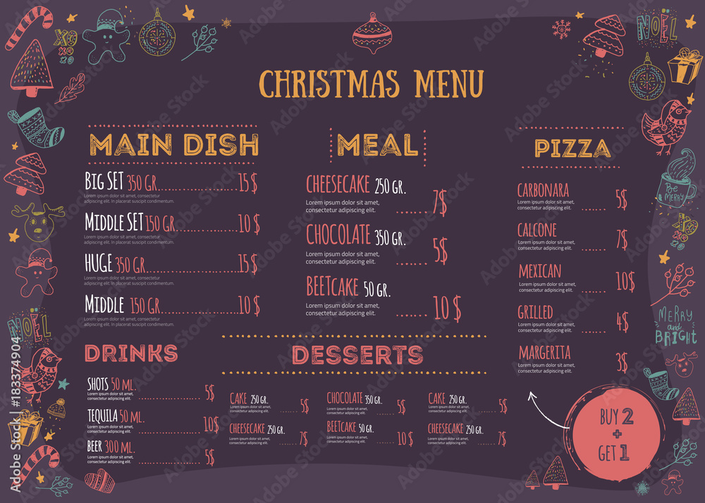 Christmas menu design with doodle design elements. Vector teplate for ...