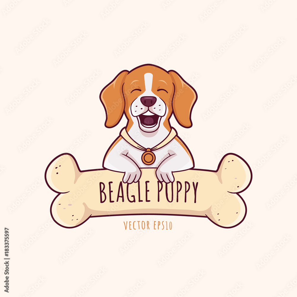 Cute little beagle dog puppy smiling with large chewing bone vector ...