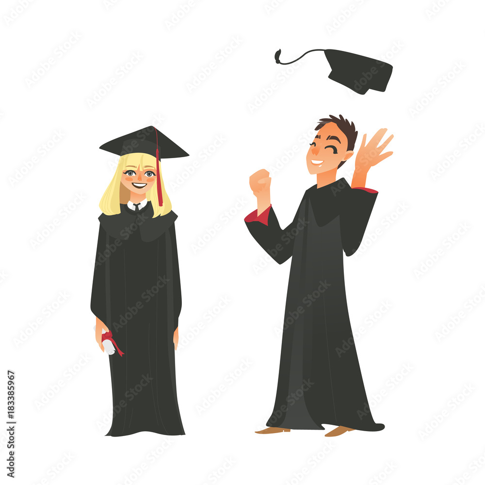 vector flat cartoon female college, university happy graduate character ...