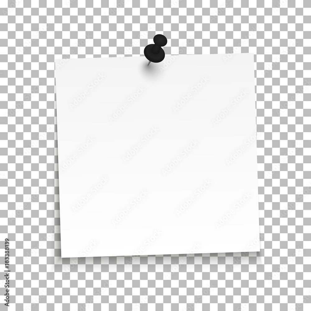White sheet of note paper with push pin on a transparent background ...