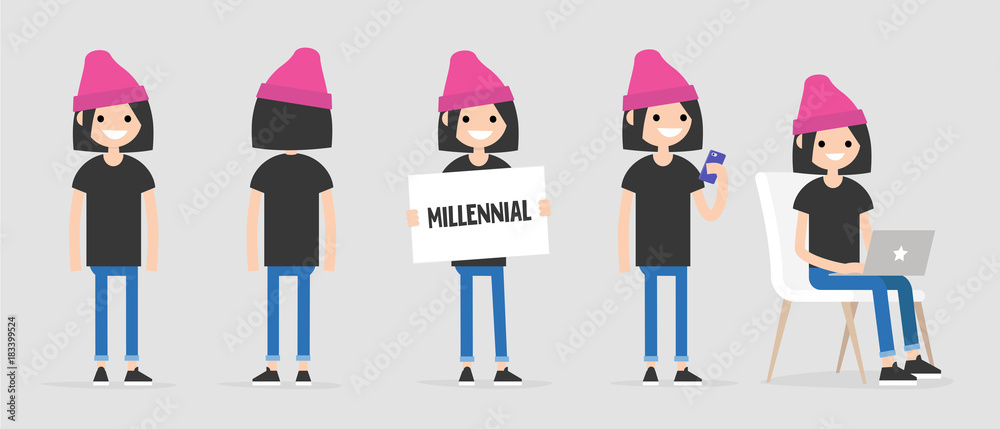 Female millennial character in various poses: front and back view ...