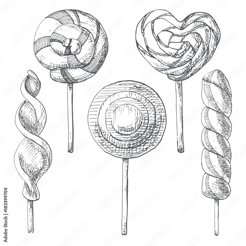 Hand drawn set of different lollipops. Vector illustration of a sketch ...