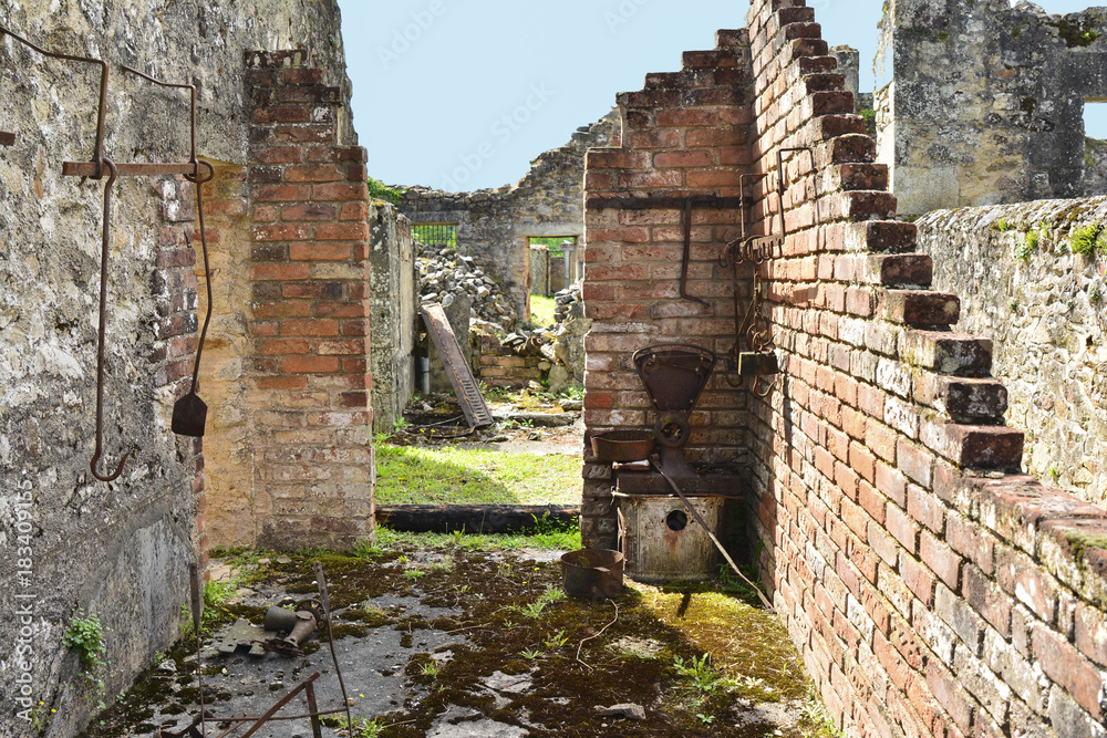 Destroyed kitchen in the house during World War 2 at Oradour-sur-Glane ...