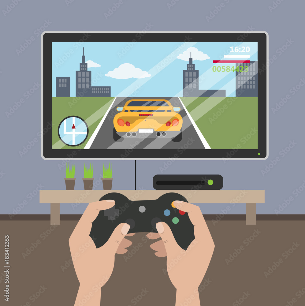 Playing videogame on tv. Stock Vector | Adobe Stock