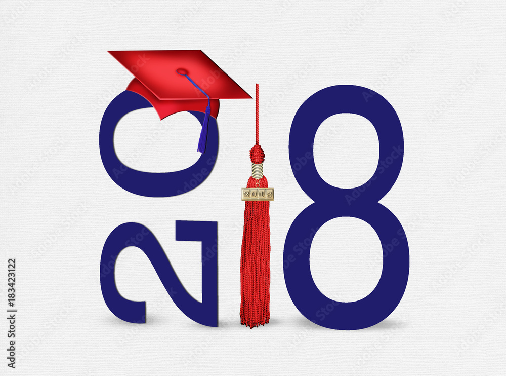 red 2018 graduation cap and tassel with dark blue text on textured ...