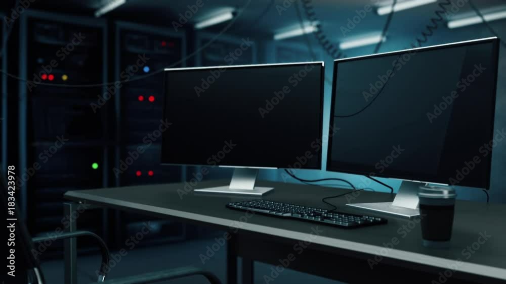 Computer server Room Move to Blank Screens. view moves toward computer ...