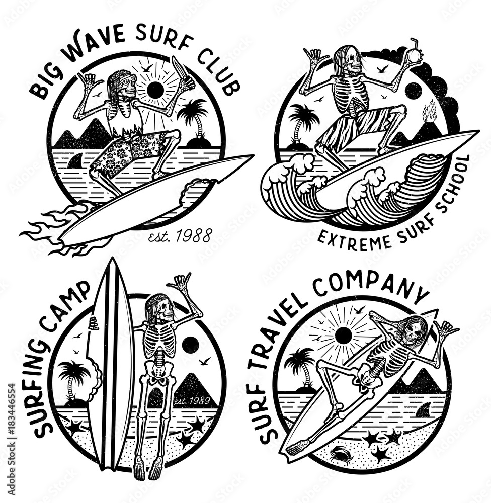 Vector Logos Illustration with Skeleton Surfers. Stock Vector | Adobe Stock