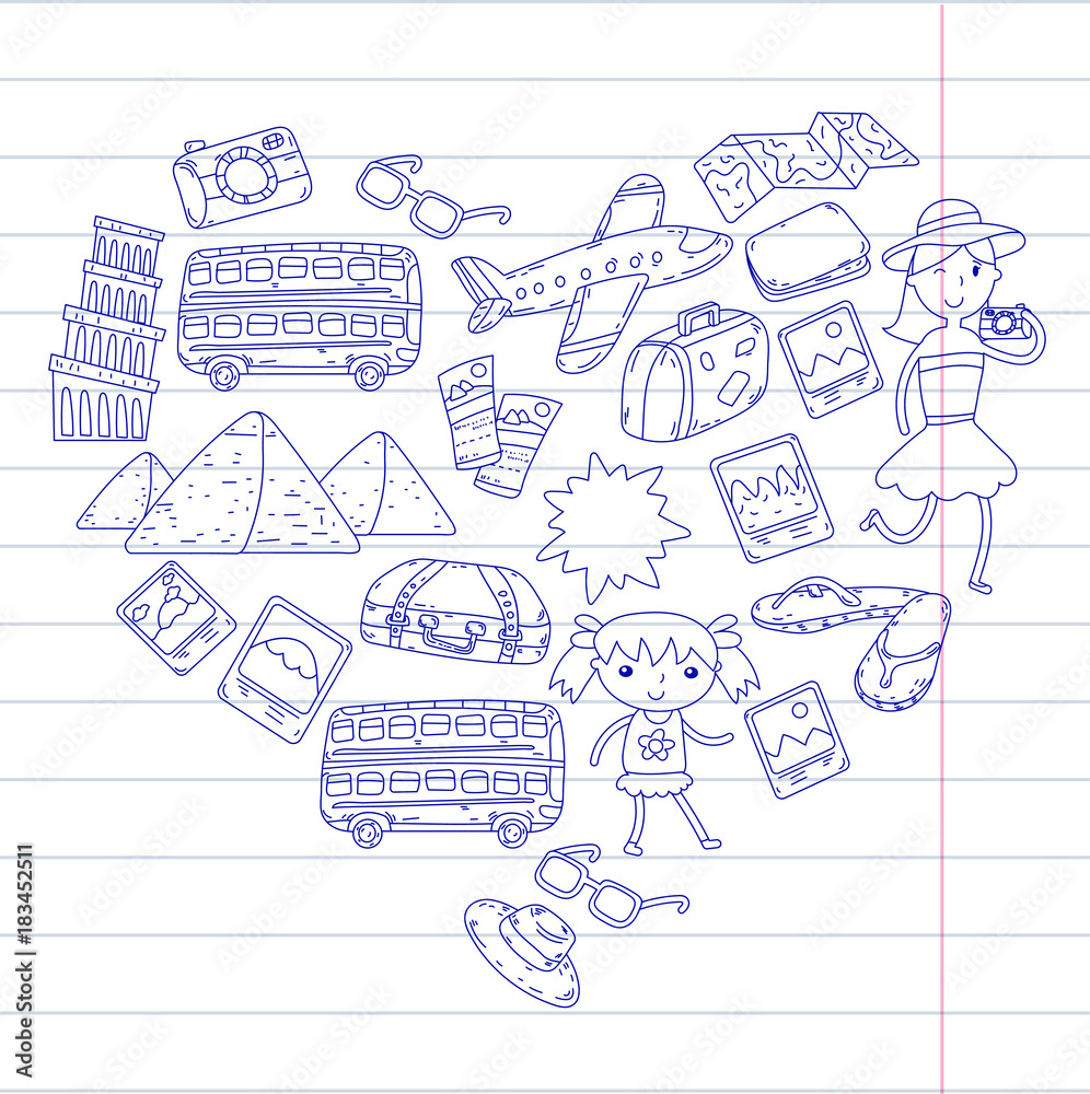 Doodle vector set Travel , vacation, adventure. Children with parents ...