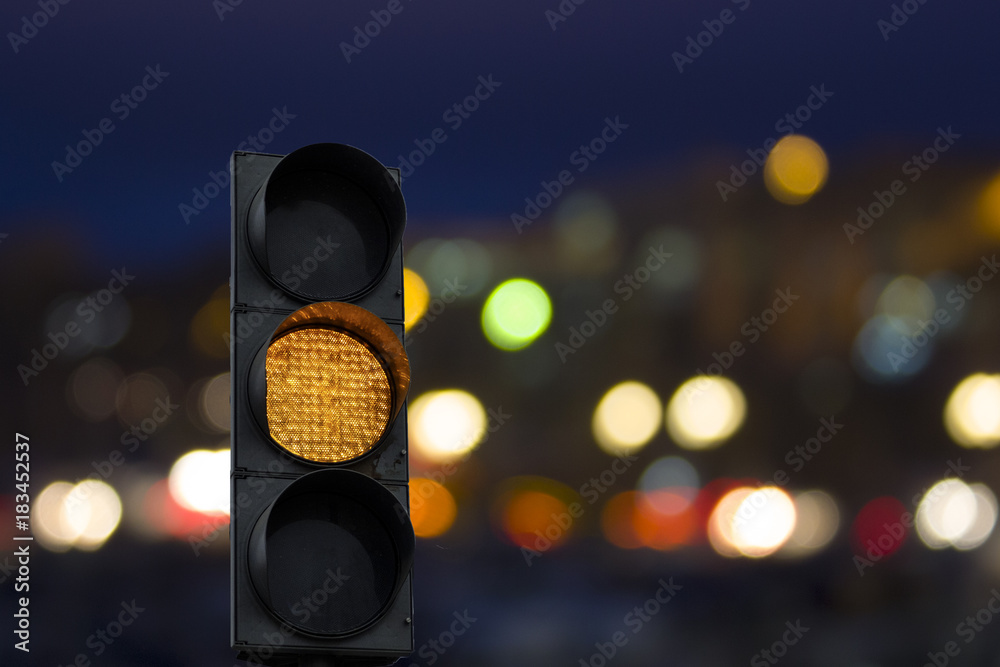 Yellow Stop Light At Night