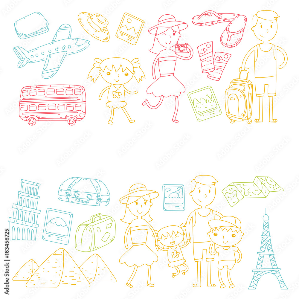 Doodle vector set Travel , vacation, adventure. Children with parents ...
