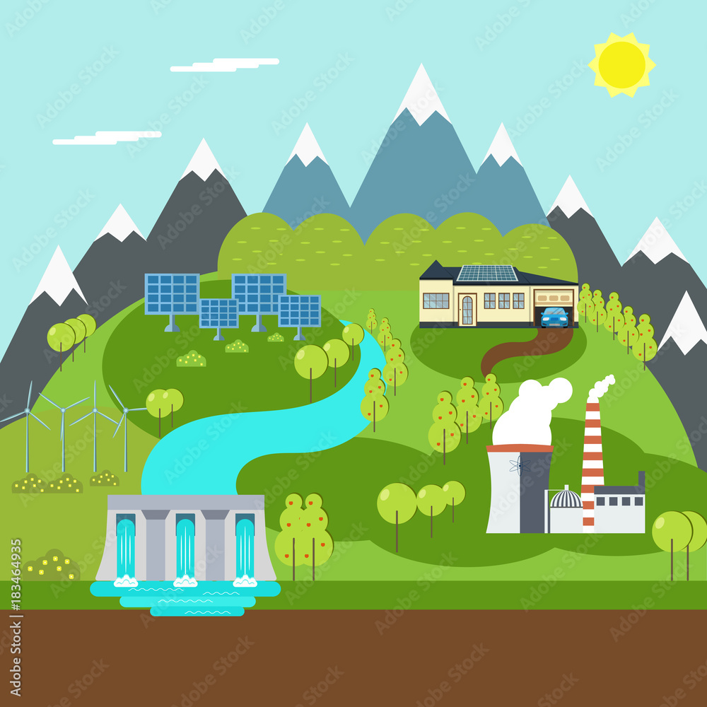 Vector illustration of solar, water, wind, nuclear power plants. Stock ...