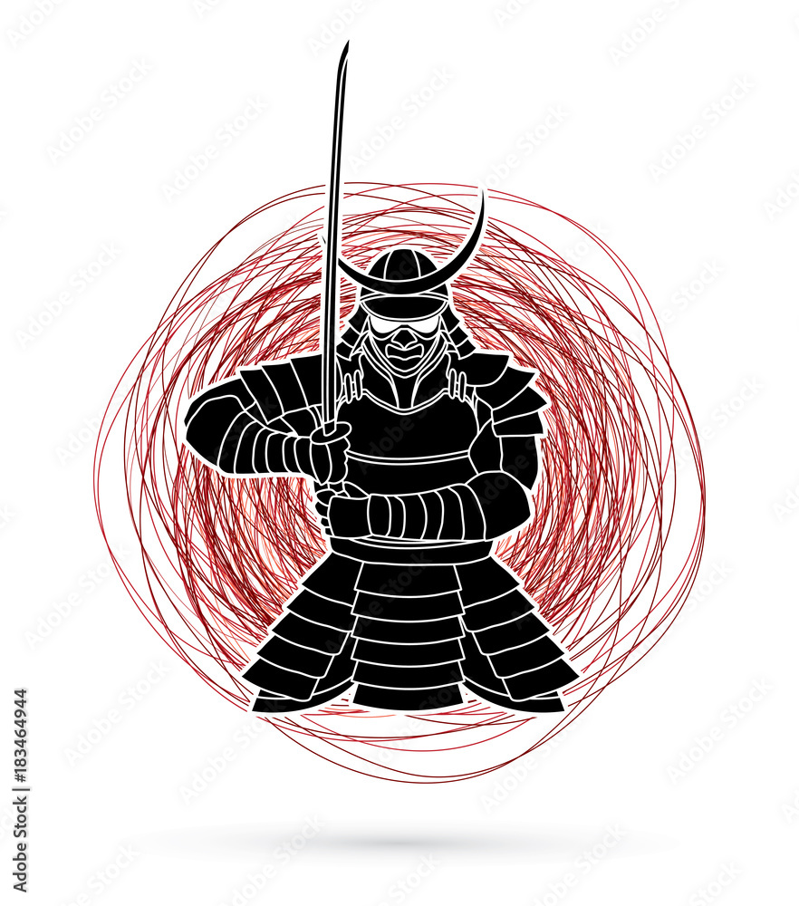 Samurai standing front view ready to fight designed on confuse line ...