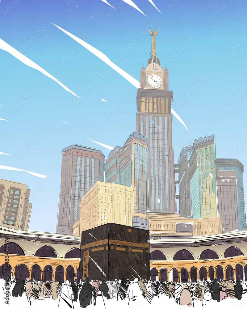 Poster Mecca. Saudi Arabia. Hand drawn sketch. Vector illustration ...