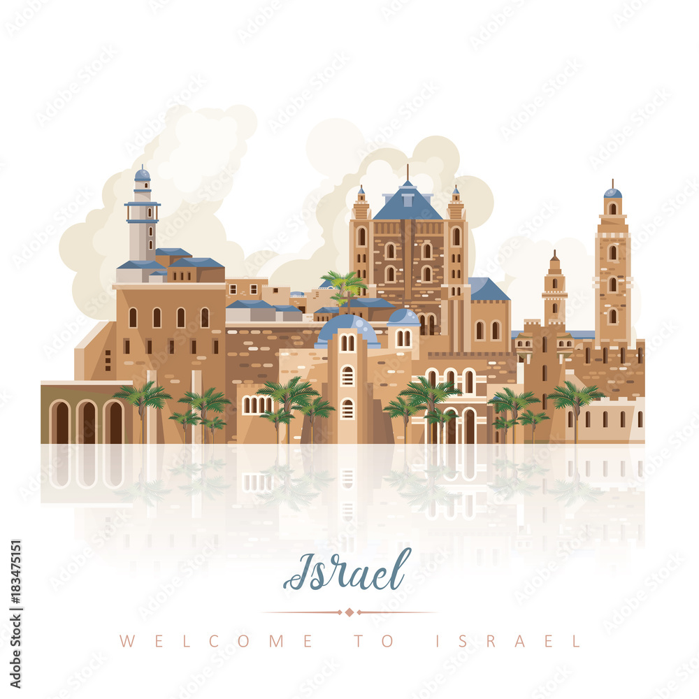 Israel vector banner with jewish landmarks. Travel poster in flat ...