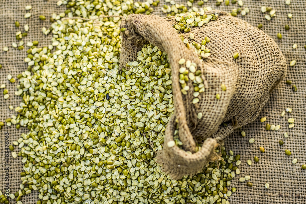 Split Green gram,Moong dal,Vigna radiata coming out from a gunny bag ...