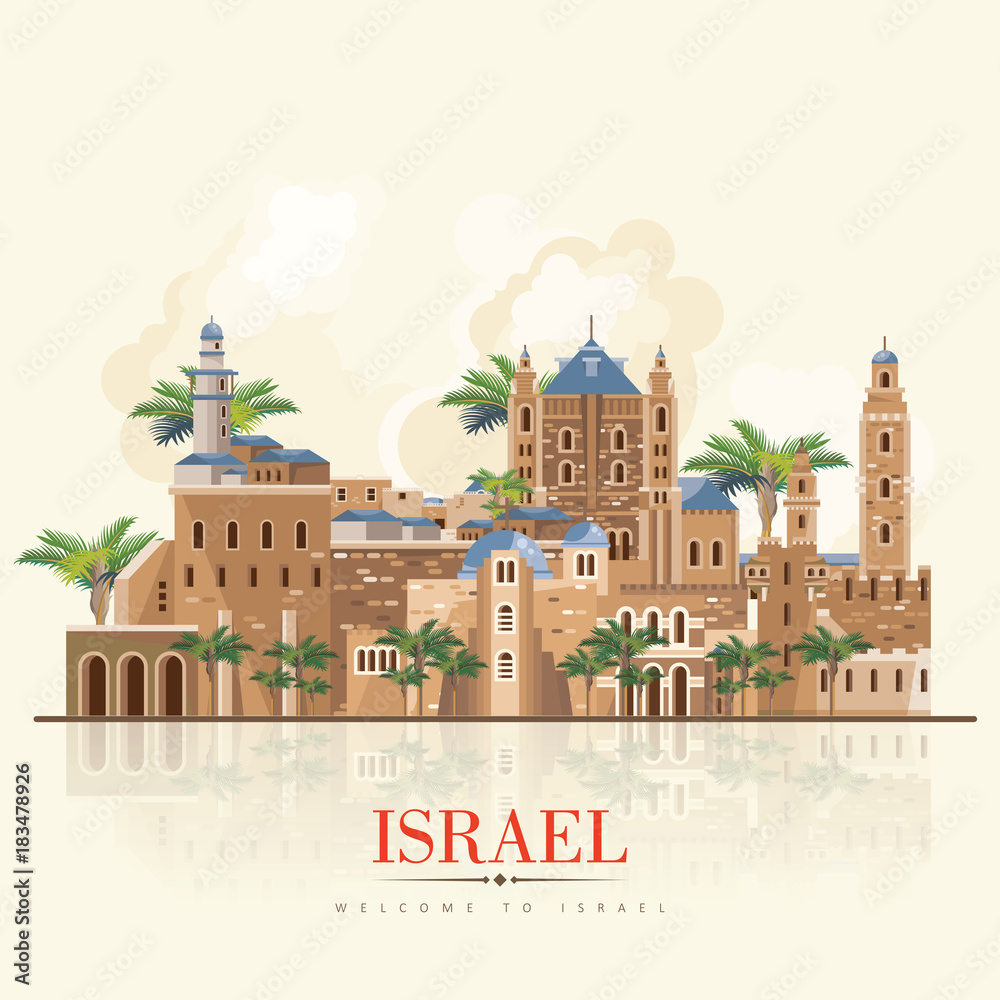 Israel vector banner with jewish landmarks. Travel poster in flat ...