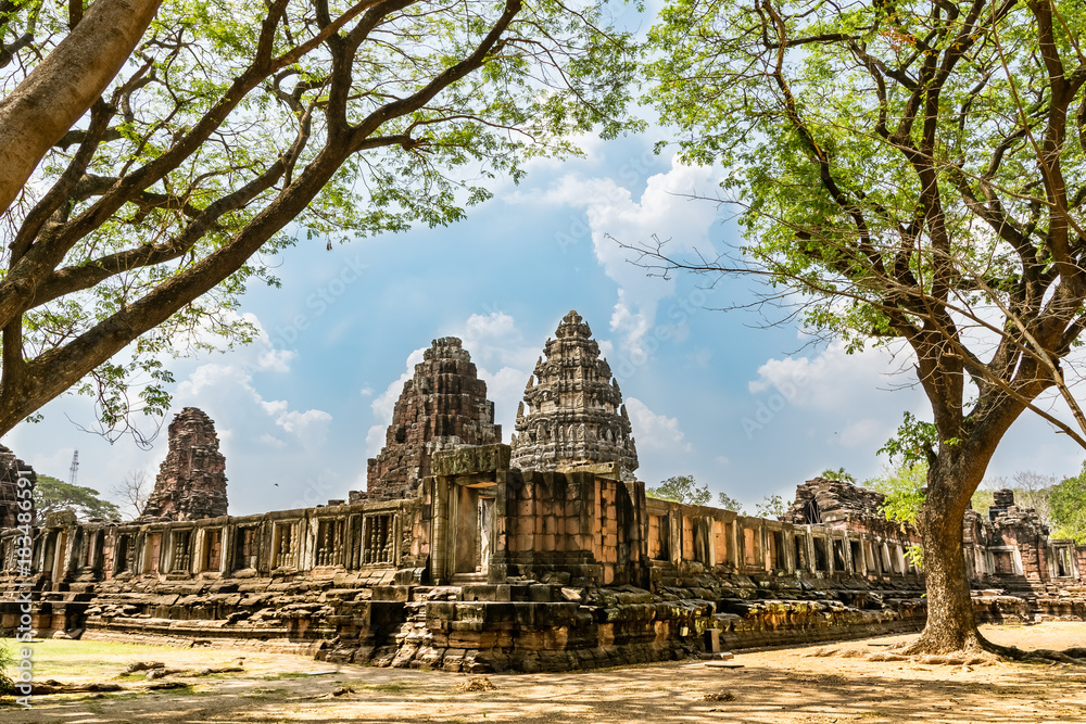 views of corner of ruins and temples of khmer imperium in thailand with stupa towers traditional ...