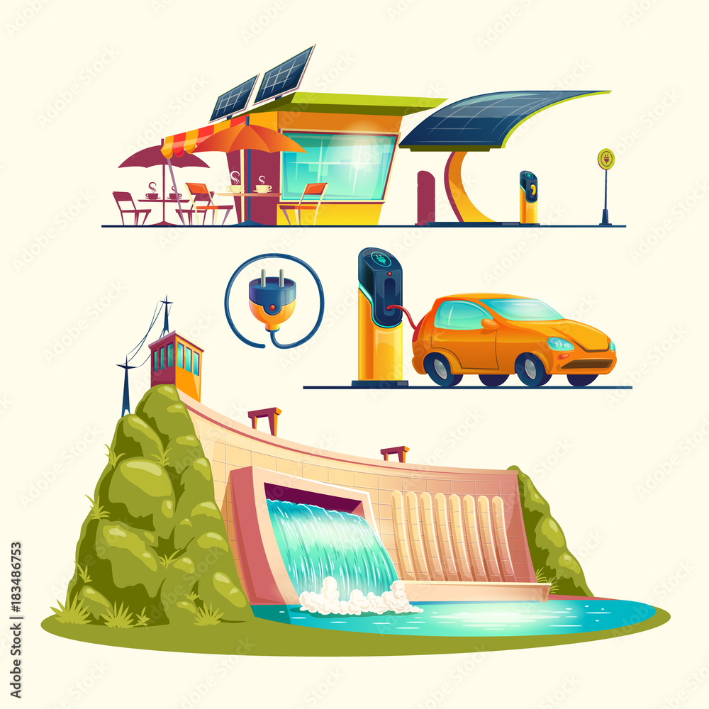 Alternative energy sources, set of vector cartoon illustrations ...