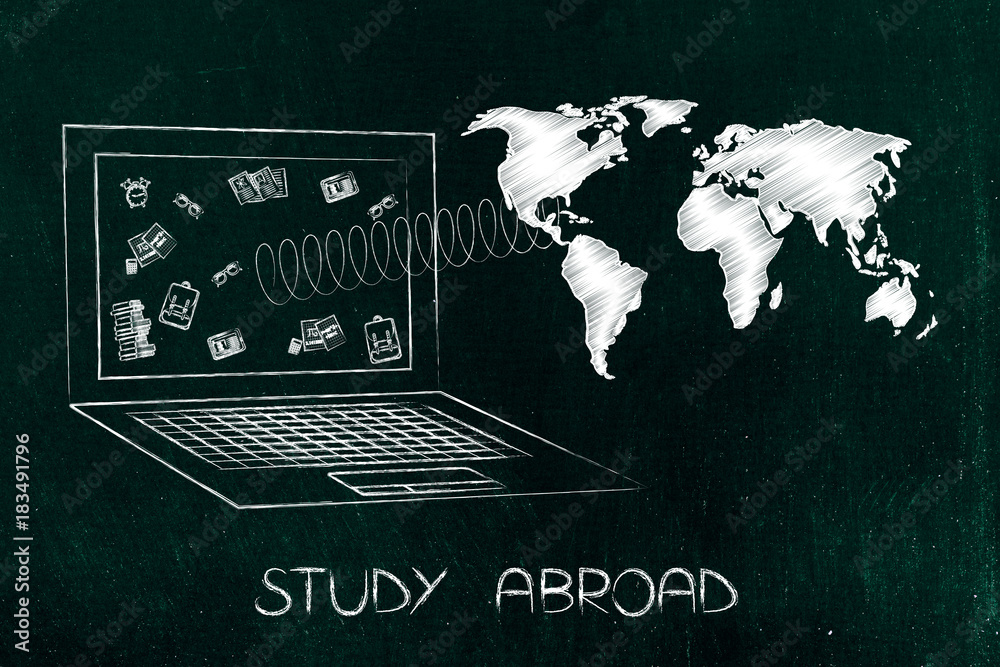 study abroad laptop with school objects on the screen and world map ...